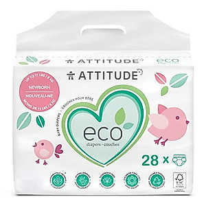 ATTITUDE Non-Toxic Diapers, Eco-Friendly, Safe for Sensitive Skin, Chlorine-Free, Leak-Free & Biodegradable Baby Diapers, Plain White, Newborn (Up to 11 lbs), 112 Count (4 Packs of 28)