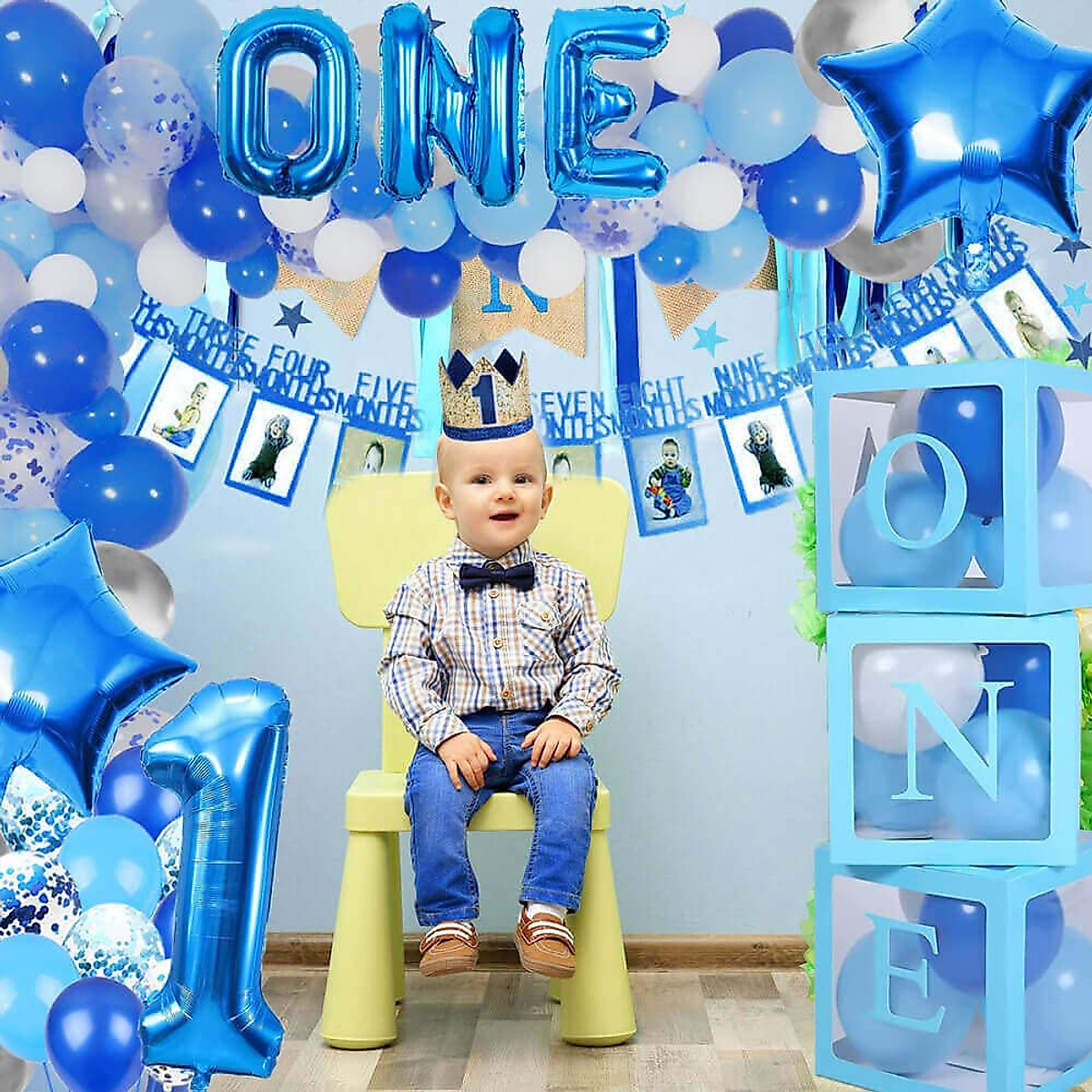 149 Pcs Boys 1st Bday Decorations Blue One Balloons Backdrop Boys One Year Old Birthday Balloons Garlands Arch Kit with Balloons Boxes for Boys First Birthday Baby Shower Party Supplies Decorations