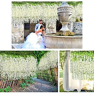 24 PCS Wisteria Artificial Flower 3.6 Feet Vine Ratta Hanging Garlands Silk Flowers String with 2 Pack Artificial Flowers Garland for Home Party Wedding Garden Outdoor Ceremony Greenery Wall White