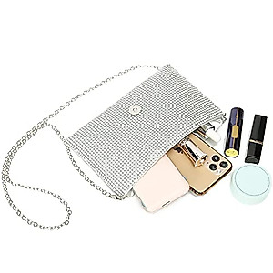 YIKOEE Rhinestone Clutch Purses for Women Glitter Evening Bag with Chain Strap (Silver)