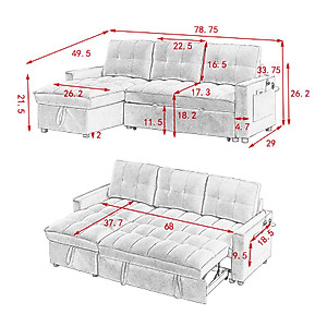 Chenille Convertible Sleeper Sectional Sofa with Reversible Storage Chaise and Pull Out Couch Bed , L Shaped Corner Sofabed with USB and tape-c Charging Ports for Living Room Office Small Places
