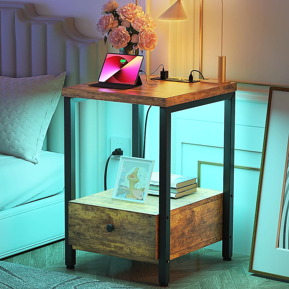 Ecoprsio Nightstands Set of 2 with Charging Station and LED Lights - Modern Night Stand Bedside Table with Storage Drawer, End Side Table for Bedroom Living Room, Rustic Brown