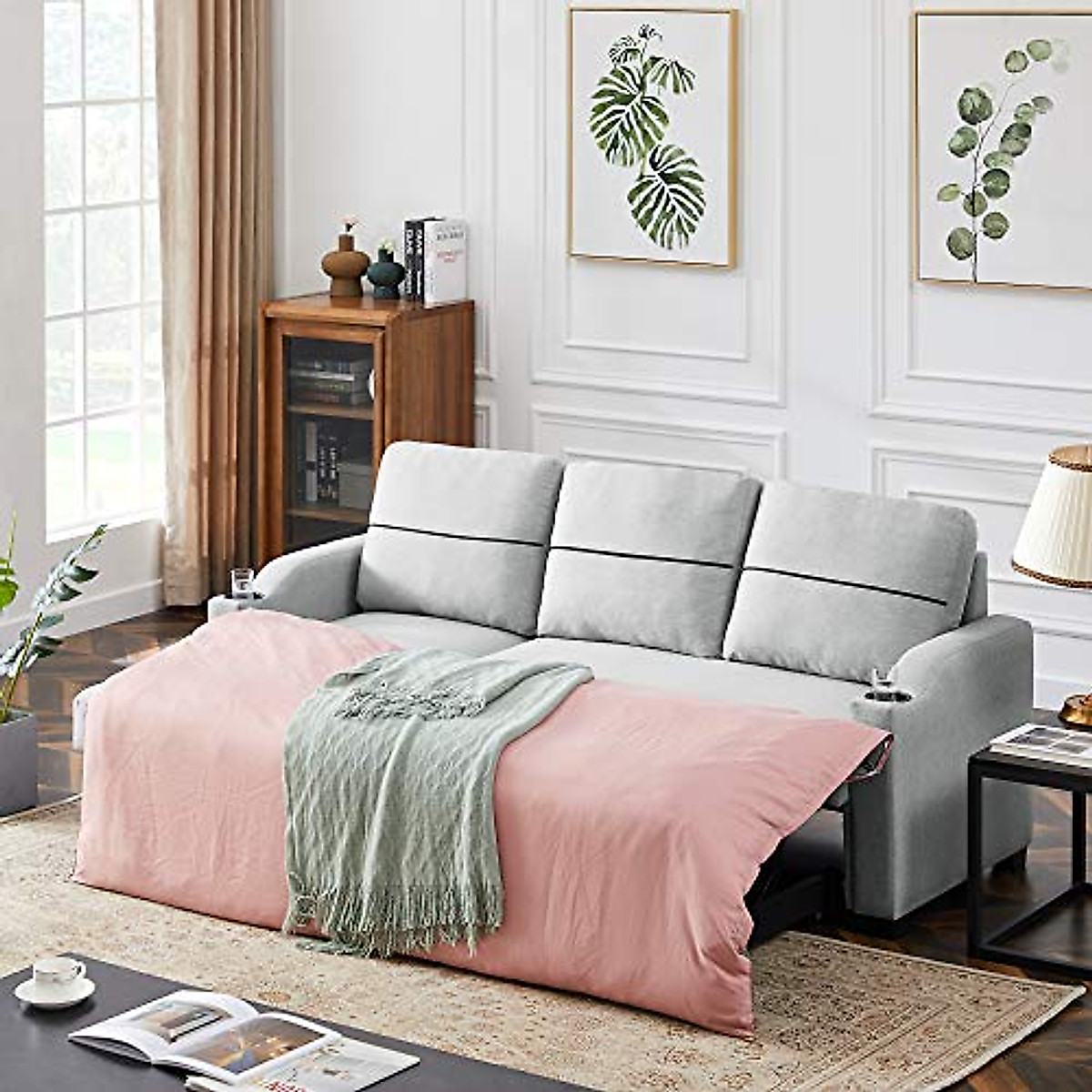 Melpomene Convertible Sectional Sofa Couch Pull Out Bed Sleeper Sofa with Storage 3 Seater L Shaped Couch Linen Upholstered Fabric Corner Sofa with 2 Cupholders for Living Room (Grey)