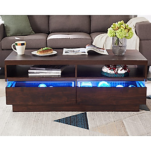 T4TREAM 48" LED Coffee Table with Storage, Modern Center Table with LED Lights & Power Strip, Coffee Table with Drawers for Living Room, Easy Assembly, Dark Walnut