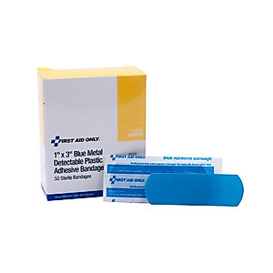 First Aid Only 1-658 Plastic Bandages, Blue Metal Detectable Bandages, 1 x 3 Inch, 50 Count