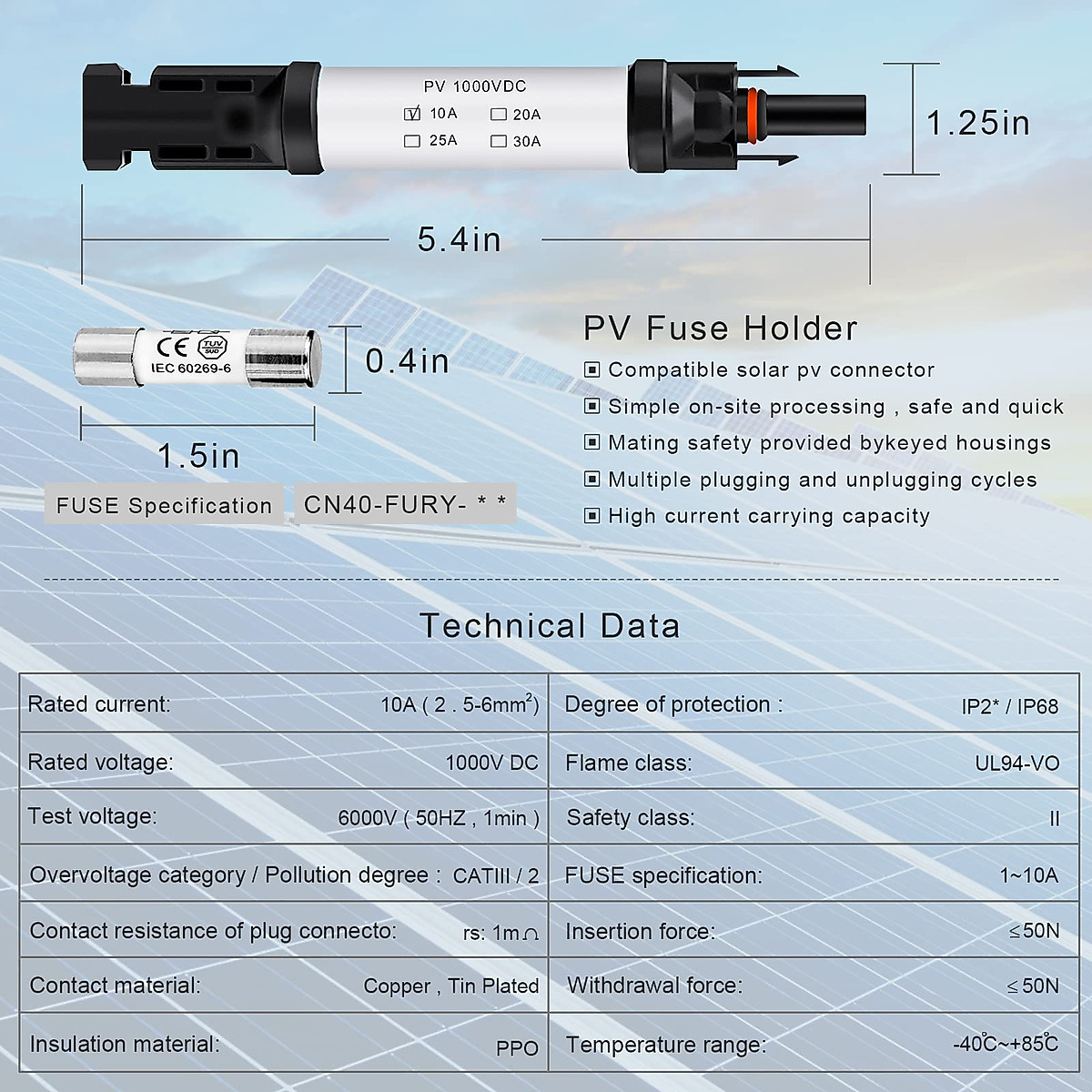 Pvfarosh 10A Solar Fuse Connector IP68 Waterproof 1000V in line Fuse Holder 10A Male and Female Connector Waterproof in Line Fuse Holder Contains 4 fuses 2 Solar 10A 2PCS