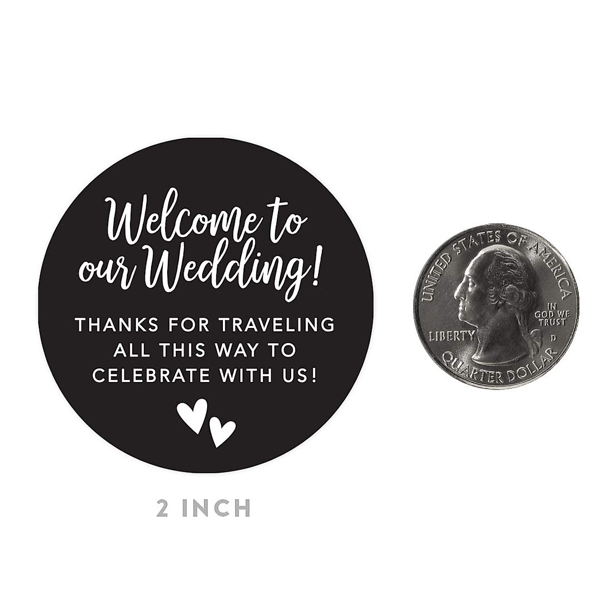 Andaz Press Out of Town Bags Round Circle Gift Labels Stickers, Welcome to Our Wedding Thanks for Traveling to Celebrate with Us, Black, 40-Pack, for Destination OOT Gable Boxes