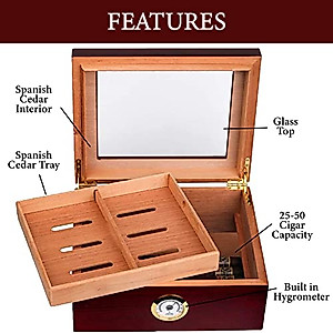 Mantello Glass Top Cigar Humidors - Humidor Cigar Box with Humidifier, Spanish Cedar Tray, Divider, and Hygrometer - Gifts for Men, Holds 25 to 50 Cigars