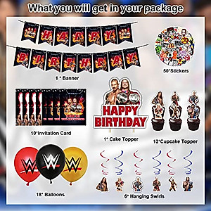 98 PCS Birthday Party Decorations, Theme Party Supplies Include 1 Banner, 1 Cake Topper, 12 Cupcake Toppers, 18 Balloons, 6 Hanging Swirls, 10 Invitation Cards, 50 Stickers