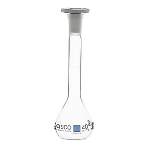 EISCO Volumetric Flask, 20ml - Class A - 10/19 Polyethylene Stopper, Borosilicate Glass - Blue Graduation, Tolerance ±0.040