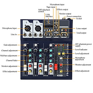 Dj Mixers 4 Channel Audio Mixer Sound Board with Bluetooth, Usb Audio Interface with 48V Phantom Power Sounds Mixer Board with FX Reverb Delay Effect for Streaming