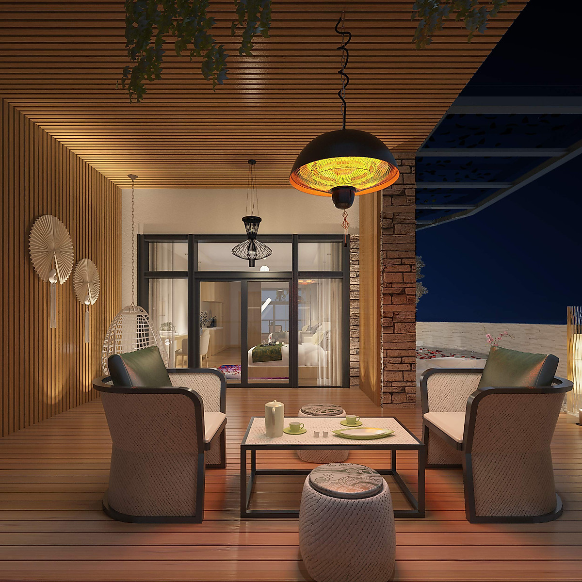 Hanging Patio Heater, 1500W Outdoor/Indoor Electric Patio Heater, Infrared Patio Heater, Ceiling Electric Heater with 3 Heat Options 600W/900W/1500W