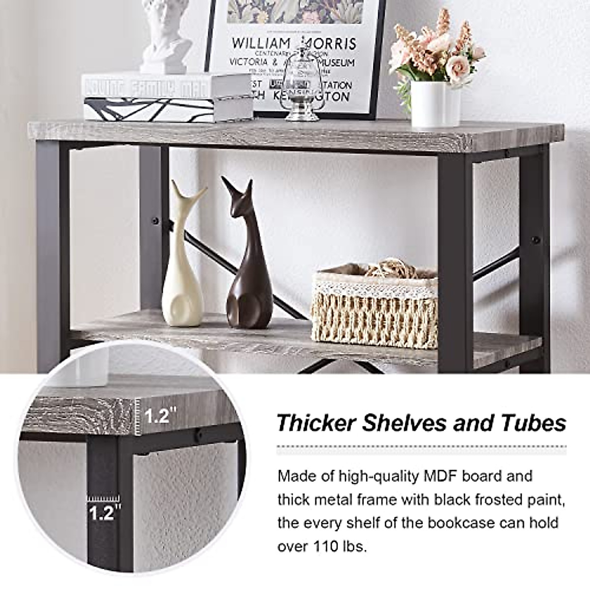 HOMBAZAAR Bookshelf, 3-Tier Vintage Industrial Book Shelf, Rustic Wood and Metal Bookcase and Bookshelves, Free Standing Storage Small Bookshelf for Living Room, Bedroom and Kitchen, Grey Oak