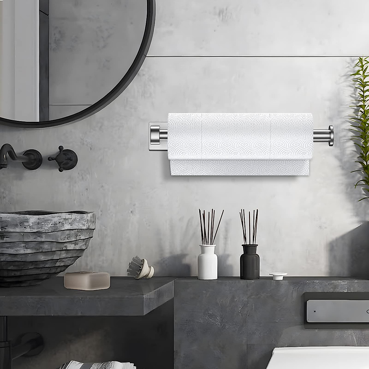 Paper Towel Holder - MUNNAR Stainless Steel Paper Towel Holder, Under Cabinet Paper Towel Rack, Self Adhesive or Drilling, Wall Mount Towel Paper Holder for Kitchen Sink Bathroom, with 4 Hooks