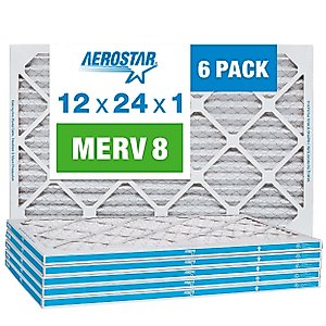 Aerostar 12x24x1 MERV 8 Pleated Air Filter, AC Furnace Air Filter, 6 Pack (Actual Size: 11 3/4" x 23 3/4" x 3/4")