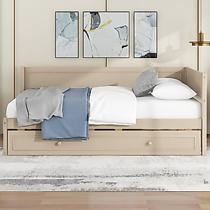 Merax Twin Size Wood Daybed with Trundle and Guardrail, Beige