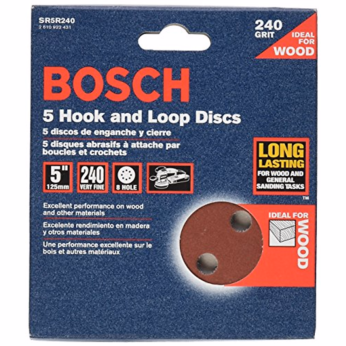 BOSCH SR5R240 5-Piece 240 Grit 5 In. 8 Hole Hook-And-Loop Sanding Discs