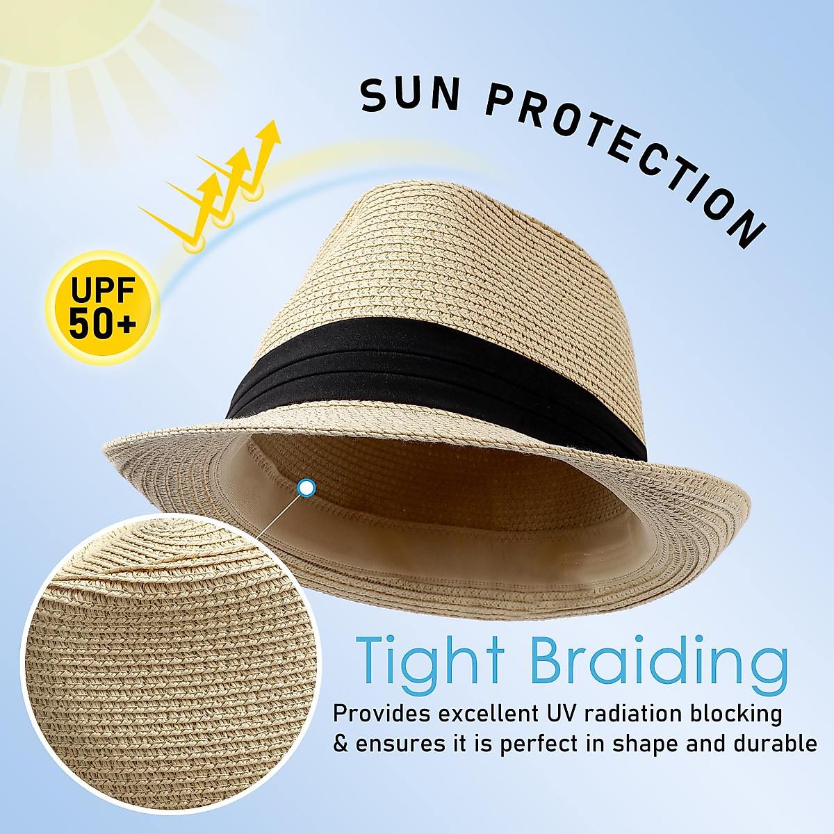 Lvaiz Womens Straw Hat Short Brim Panama Fedora Beach Sun Trilby Hat for Vacation Gentlemen Roll Up Summer Hat, Beige L