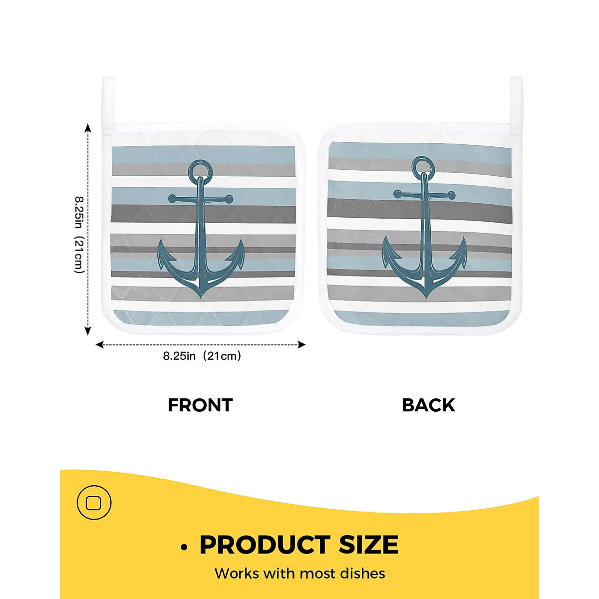 Pot Holder Set of 2 Coastal Nautical Anchor Potholder Heat Proof Non-Slip Pot Holders,Blue Grey Stripe Hot Pads Potholders for Kitchen Cooking Baking BBQ