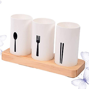 Hemoton 1 Set Utensil Holder Cutlery Utensil Drying Rack Basket Holder with Wood Base for Bar Kitchen Countertop Storage, Organize Forks, Knives, Spoons