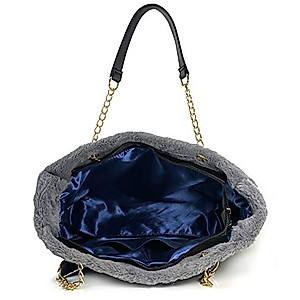 Fur Carryall Tote Bag with Wristlet Clutch Women Chain Shoulder Handbag (Black) Large