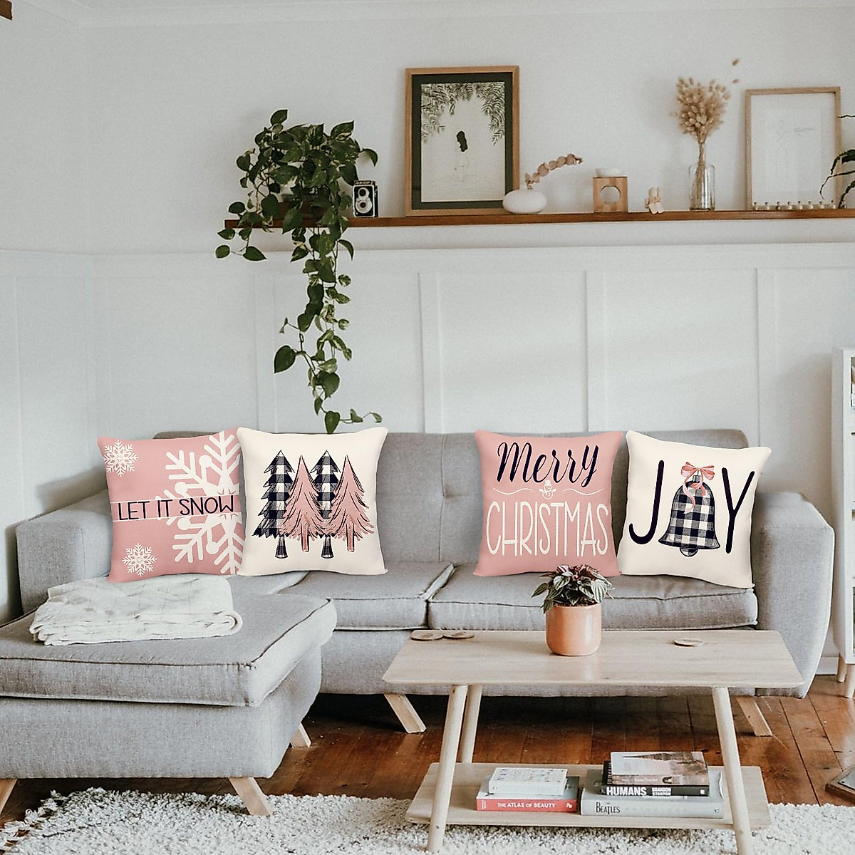 Geefuun Rose Gold Christmas Pillow Covers 18 x 18 Decorations Indoor Home Pink Decor Set of 4 - Xmas/Holiday/Winter Bedroom Decorative Pillowcase for Couch, Bed（No Fillers）