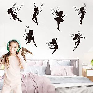 WOYINIS Black Fairy Girls Room Wall Decal DIY Cute Fairy with Large Wings Silhouette Wall Stickers Murals Decor Peel & Stick Baby Nursery Room Kids Bedroom Playroom Wall Decoration