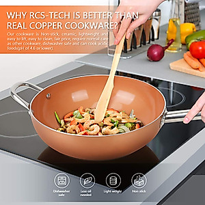 SHINEURI 12 Inch Nonstick Copper Wok and Stir Fry Pan with Lid, Copper Nonstick Wok with Lid, Copper Fry Wok Copper Pan Copper Skillet, Induction Compatible - 12 Inch Wok Pan with Lid & Steamer Basket