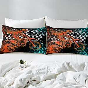 Feelyou Motocross Duvet Cover Set Black Orange Dirt Bike Rider Blue Orange Honeycomb Bedding Set Boys Racing Grid Comforter Cover Fashion Motorcycle Silhouette Quilt Cover Room 2Pcs Twin Size,Zipper