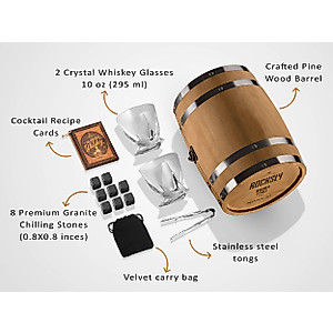 ROCKSLY Full Barrel BAR Set: Men’s Premium Whiskey Stones Gift Box, Wood Case & Stand, 2 Glasses, 8 Stones, Tongs, Carry Bag, & Cocktail Cards, 14 Pcs