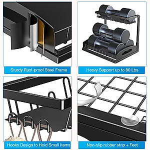 Fkprorjv Under Sink Organizers and Storage, 2 Pack Kitchen Bathroom Sink Organizer with Hooks, 2 Tier Under Sink Cabinet Basket Storage Shelf with Sliding Drawers, Black