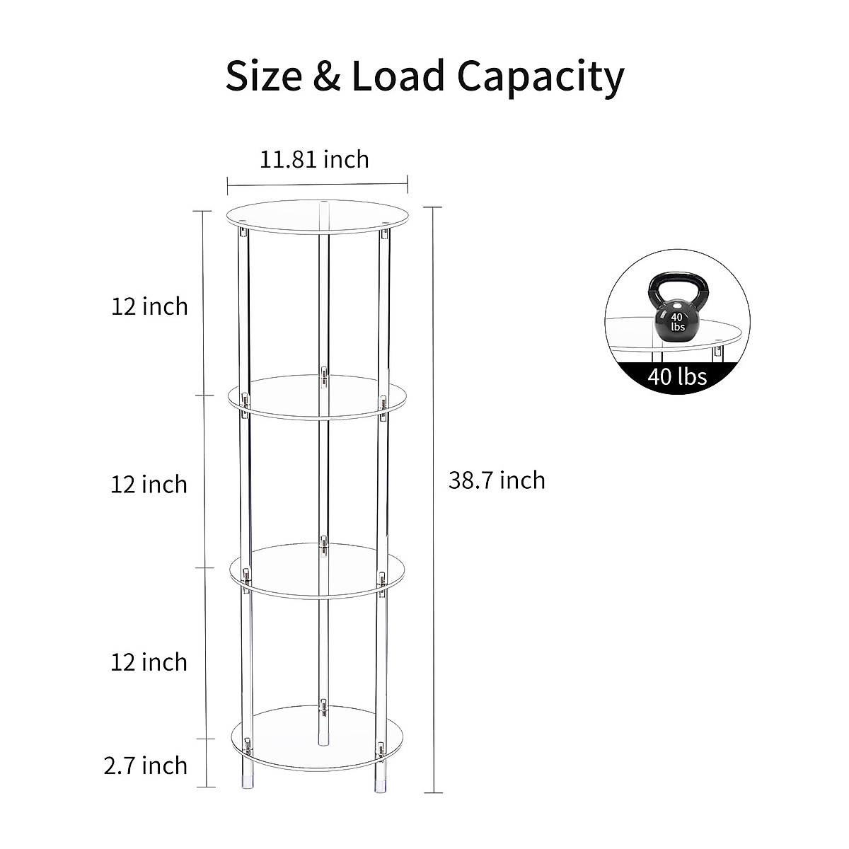 Bkemiy Clear Round Acrylic Side Table for Small Spaces, 11.81" L x 11.81" W x 38.7" H, 4 Tier Small Modern Drink End Table Nightstand, Minimalist Bedside Table for Living Room, Bedroom, Bathroom