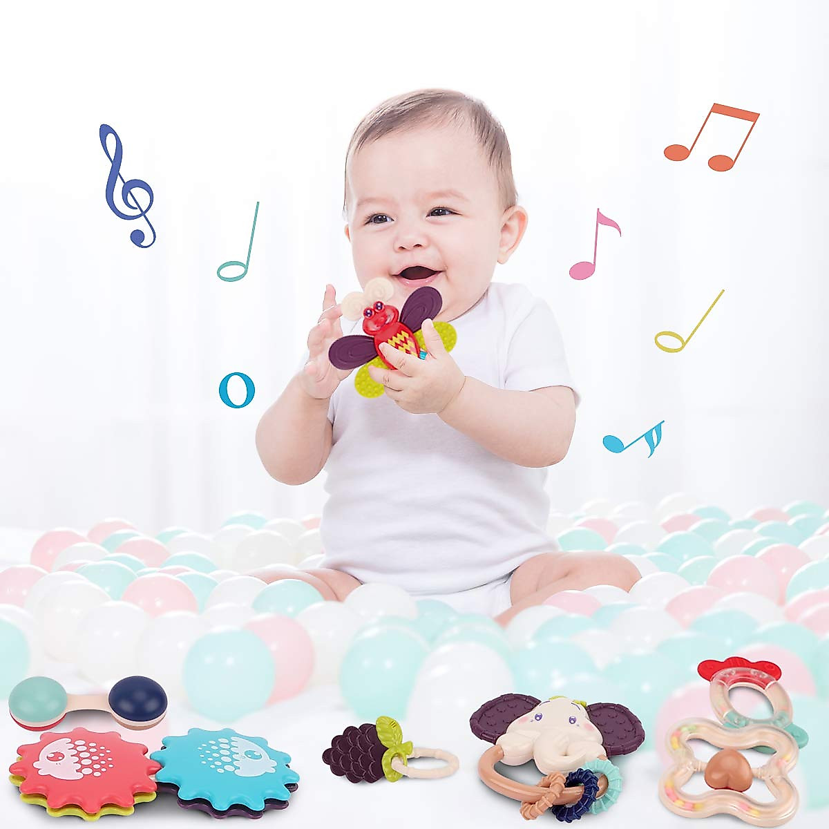 Nueplay 8PCS Baby Rattles Set, Toddlers Chewing Teething Toys Grab Shaker Hand Bells and Spin Rattle Musical Toy Playset Early Educational Shower Gift Toys for Baby Newborn Infant 6-12 Months