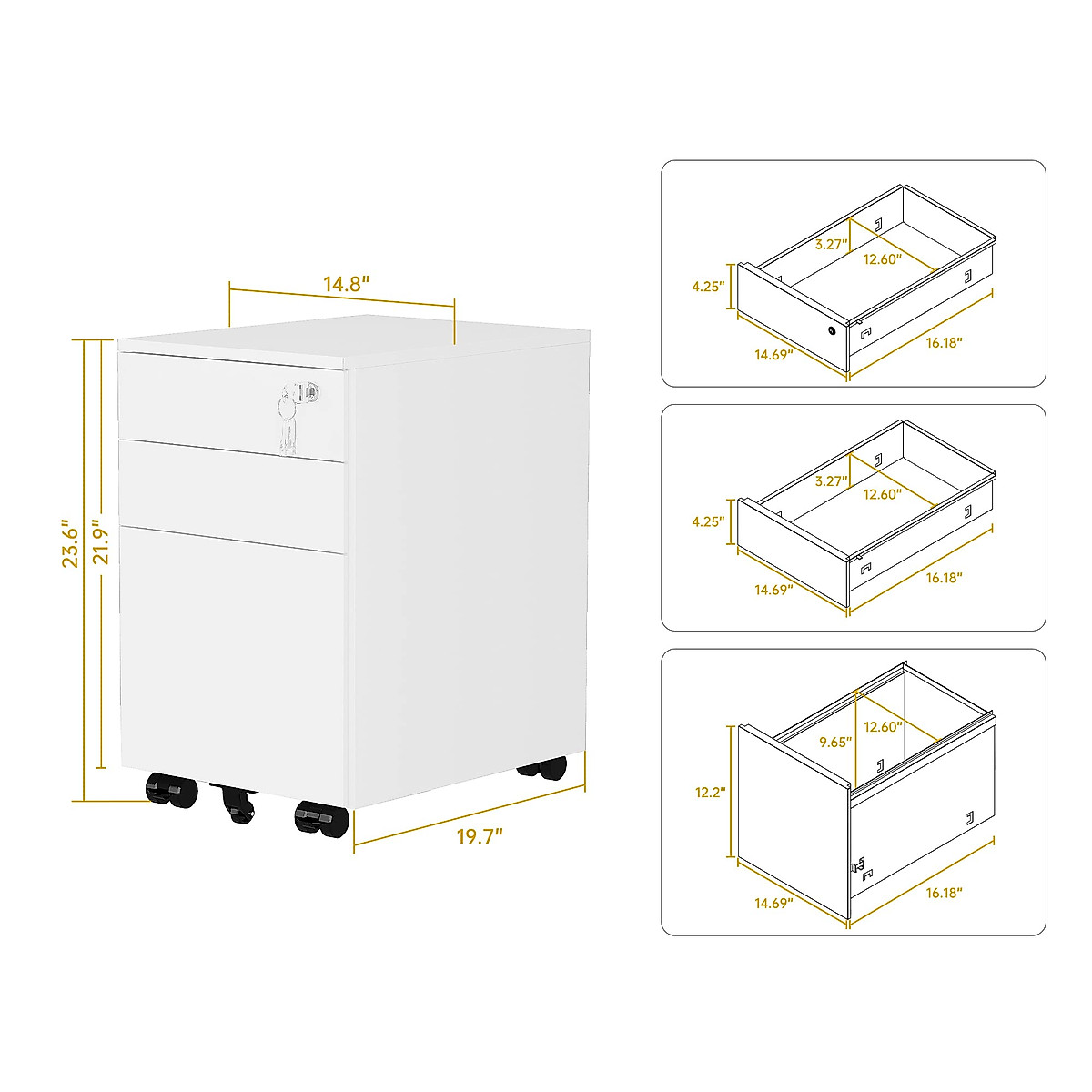 3 Drawer File Cabinet with Lock, Mobile Rolling File Cabinet, Under Desk File Cabinet Fully Assembled Except Casters, Metal Small Filing Cabinet for Home Office