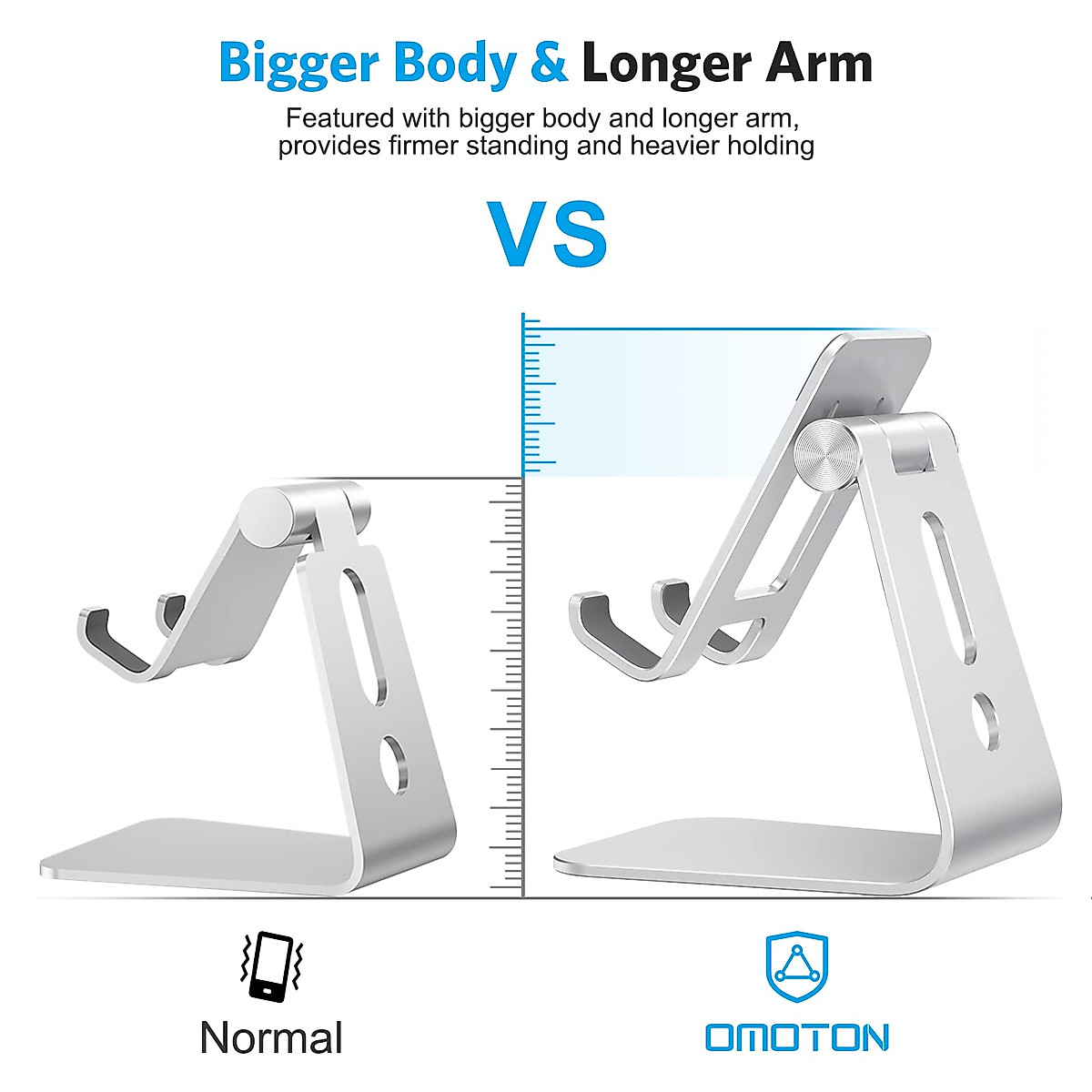 OMOTON C3 Cell Phone Stand for Desk, Larger and Exceptionally Stable, Adjustable Phone Cradle Holder with Bigger Body & Longer Arm, Compatible with iPhone 14, Tablets (7-10") and More, Silver