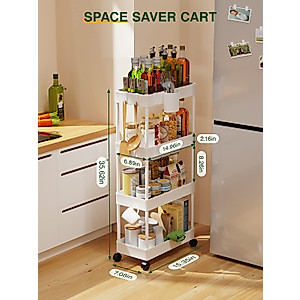 LEHOM Slim Rolling Storage Cart - 4 Tiers Bathroom Organizer Utility Cart Slide Out Storage Shelves Mobile Shelving Unit for Kitchen, Bedroom, Office, Laundry Room, Small Narrow Spaces (Pear White)