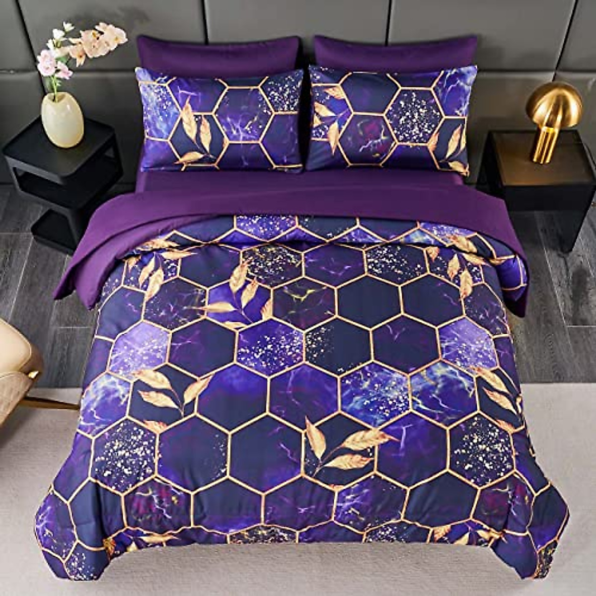 ANGIYUIN 7Pcs Bed-in-A-Bag Purple Gold Marble King Comforter Set with Sheets, 3D Geometric Hexagon Theme Decor Yellow Leaf Bedding Set, Modern Foil Print Duvet Insert for All Season (Purple King)