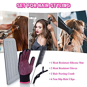 MORGLES Heat Resistant Gloves, 2 Pcs Professional Heat Gloves for Hair Styling Silicone Hot Mat 6 Pcs Hair Clips and 2 Pcs Styling Comb for Curling Iron Wands Flat Iron