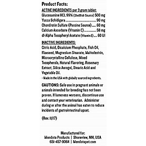 Mendota Pet Glucosamine 2X - 60 Tablets - Dog Hip & Joint Tablets