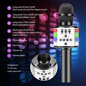 Anitiate Toy Microphone for Kids, Handheld Wireless Bluetooth Microphone for Adults with LED Lights Portable Karaoke Mic Speaker Player Recorder Machine for Birthday Home Party (Black)