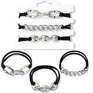 Bracelet Hair Ties With Gold Silvery and Beige Elastic,2 in 1 No Crease Hair Ponytails & Elastic,Looks Cute On Your Wrist And Great In Your Hair (3PCS, Black Silver-A)