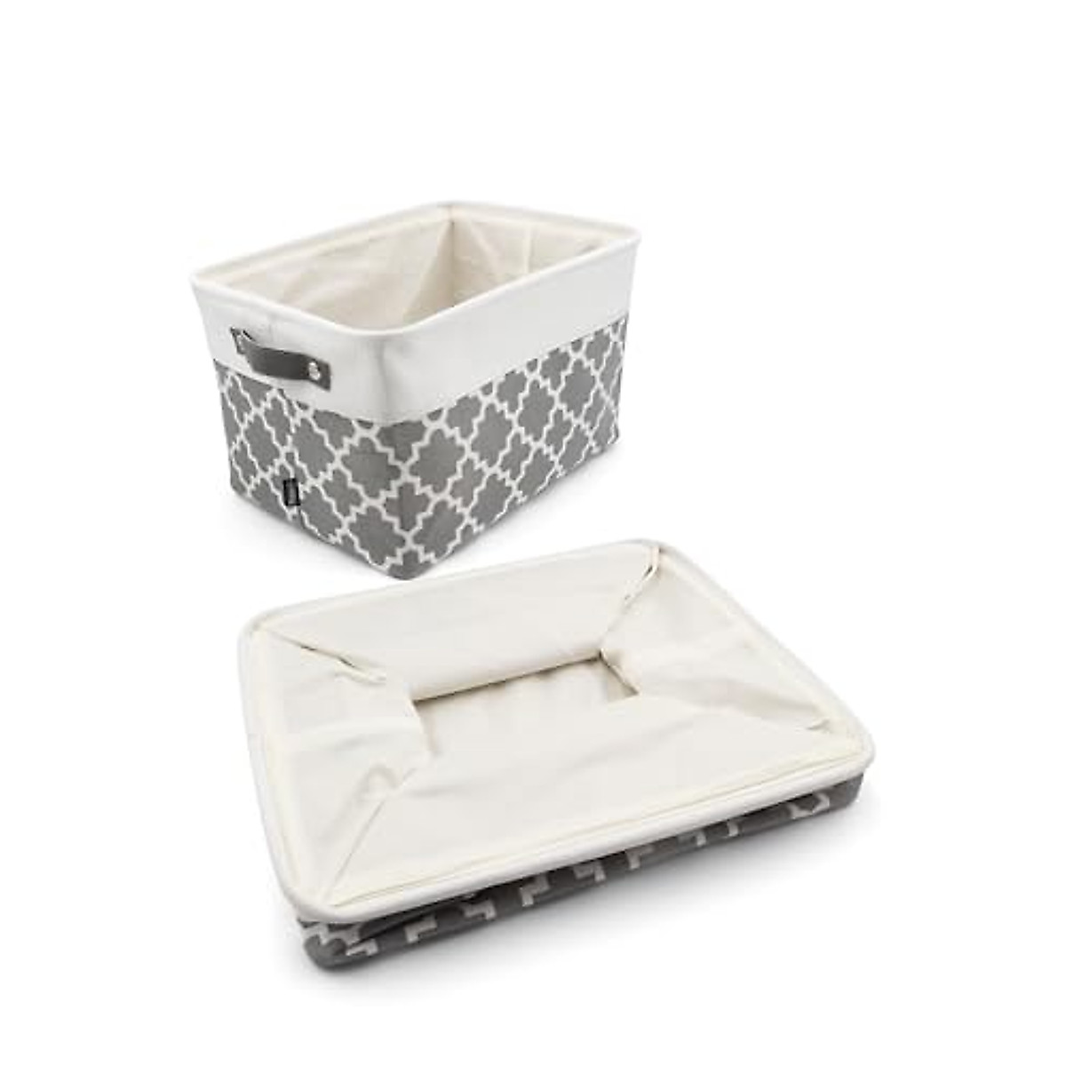 HYGGE + Linen Storage Bin Basket 15.8" x 12.5" x 10" Durable fabric & lightweight design. Great for storing toys, books, linens, games, clothing, baby products & more! (WHITE/QTF GREY, 2 PACK)