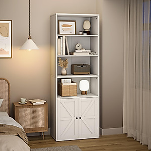 CABIHOME Farmhouse Bookcase with Doors 71.4in Tall Bookshelf 11.8in Depth Display Storage Shelves Industrial Bookcases Wooden 6 Shelf Bookshelves for Bedroom, Living Room, Home Office