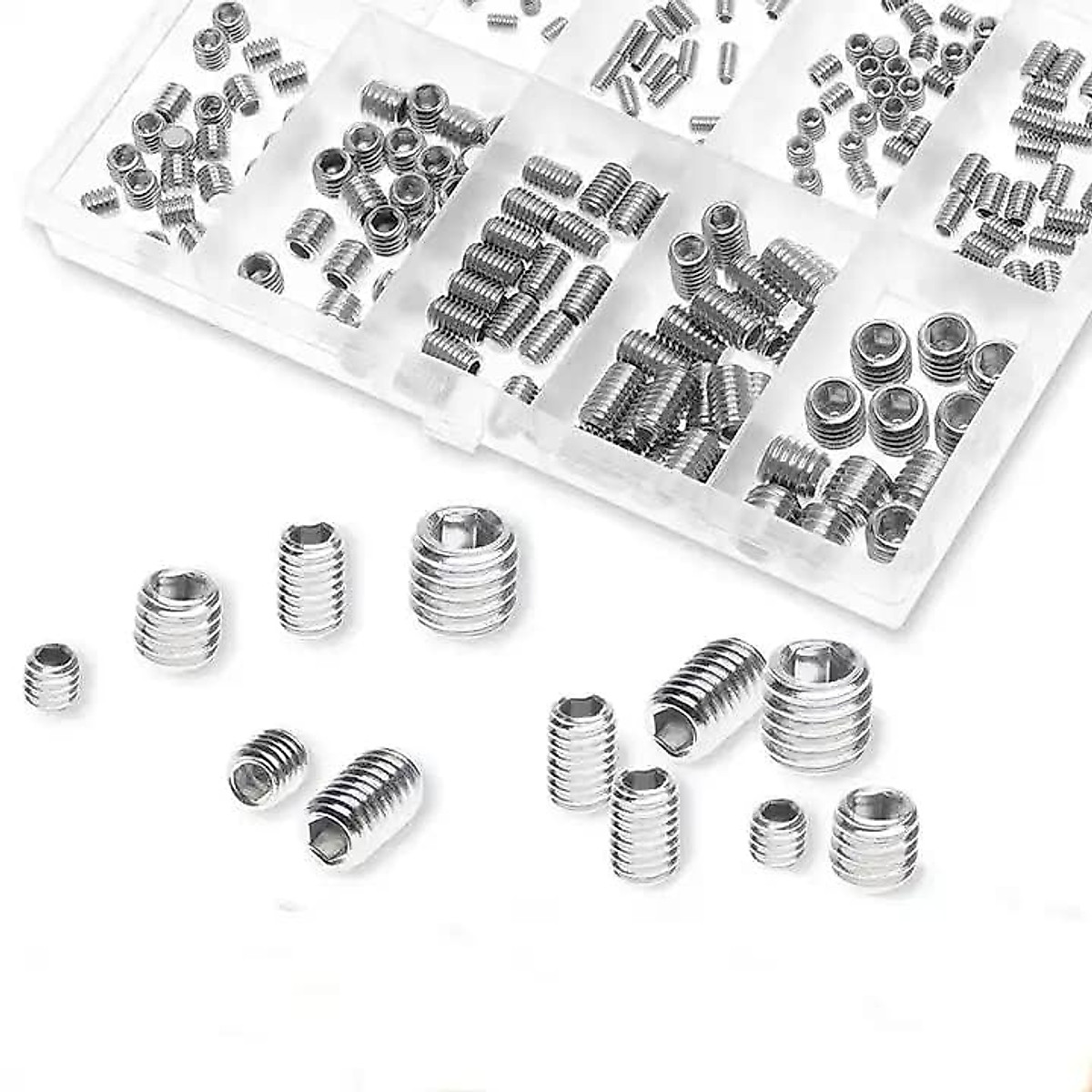 AXK Set Grub Screw M3 M4 M5 M6 M8 Metric Thread Hex Allen Socket Head Cap Screw Bolt Hexagon Hex Drive Cup Point Screw Assortment Kit Set Alloy Steel l Screw (200PCS Stainless Steel)