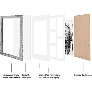 Q.Hou 11x14 Picture Frames Wood Patten Distressed White Set of 2, Each Frame with 2 Mats,Display 8x10 or Five 4x6 Photos with Mat & 11x14 Picture Without Mat for Wall Mount (QH-PF11X14-RW)