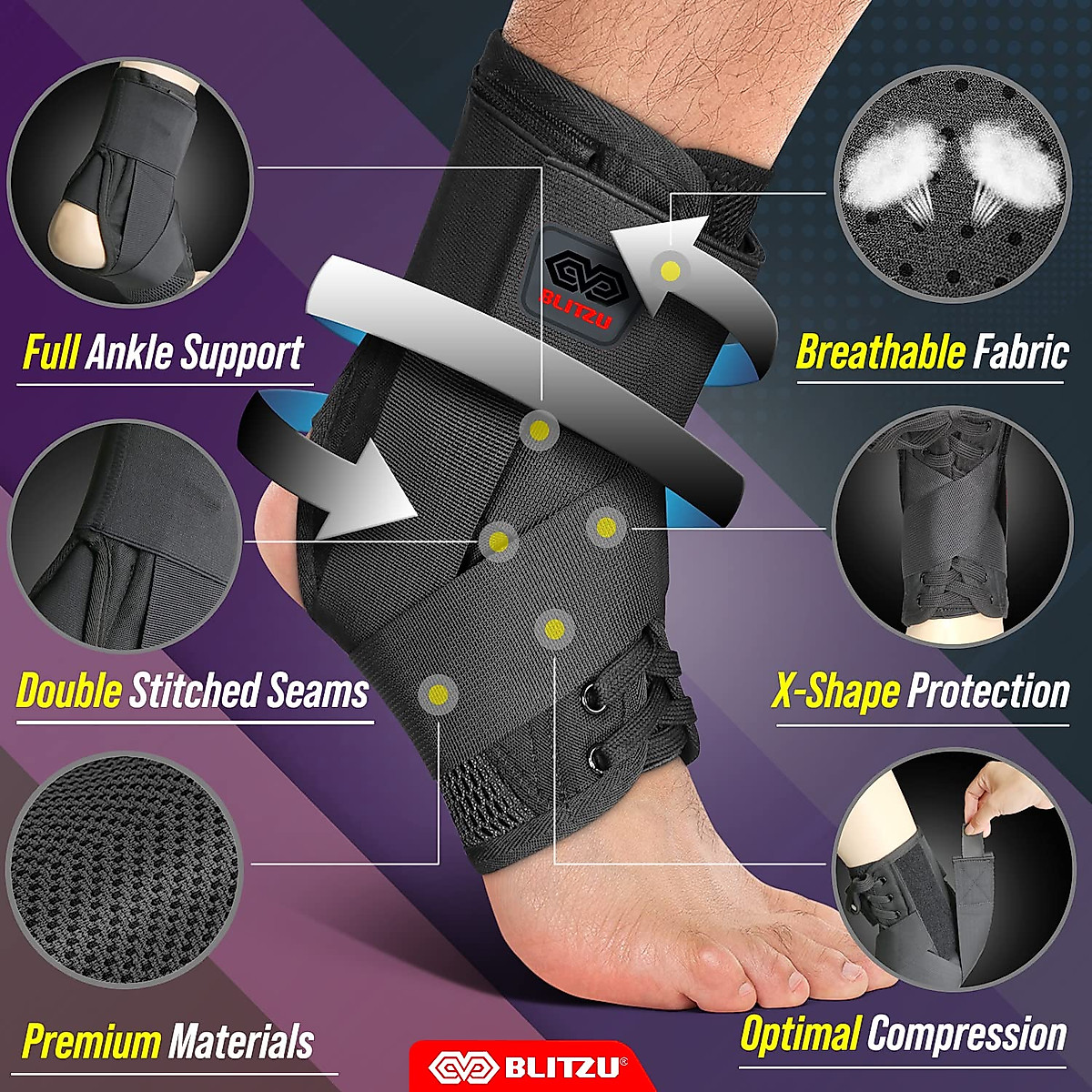 BLITZU Ankle Brace for Women and Men. Lace Up Foot Brace With Stabilizer Support. Ankle Wrap for Sprained Ankle, Tibial & Peroneal Tendonitis, Volleyball, Basketball, & Injury Recovery. (Medium)