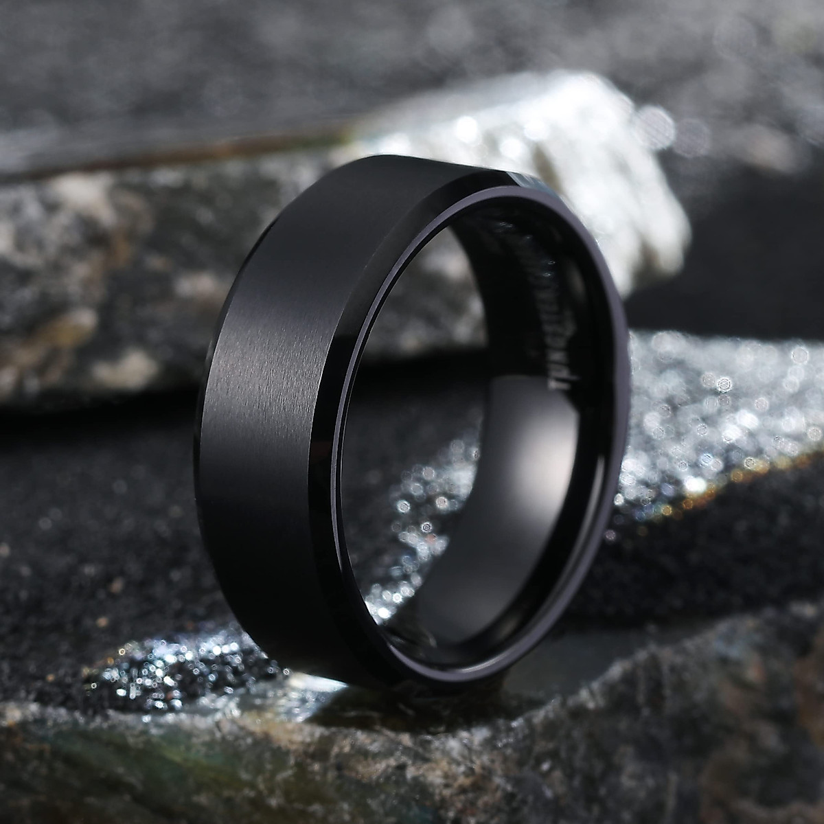 King Will BASIC Men Wedding Black Tungsten Ring 8mm Matte Finish Beveled Polished Edge Comfort Fit 9.5