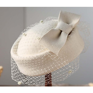 Pillbox Hat Fascinator Beret Wedding Party Top Hat Church Wool Hat for Women (Ivory)