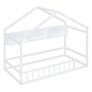 House Bed Twin Size Floor Bed with Fence Railings, Montessori Bed Frame with Storage Shelves, Wood Playhouse Beds for Kids Girls Boys, White