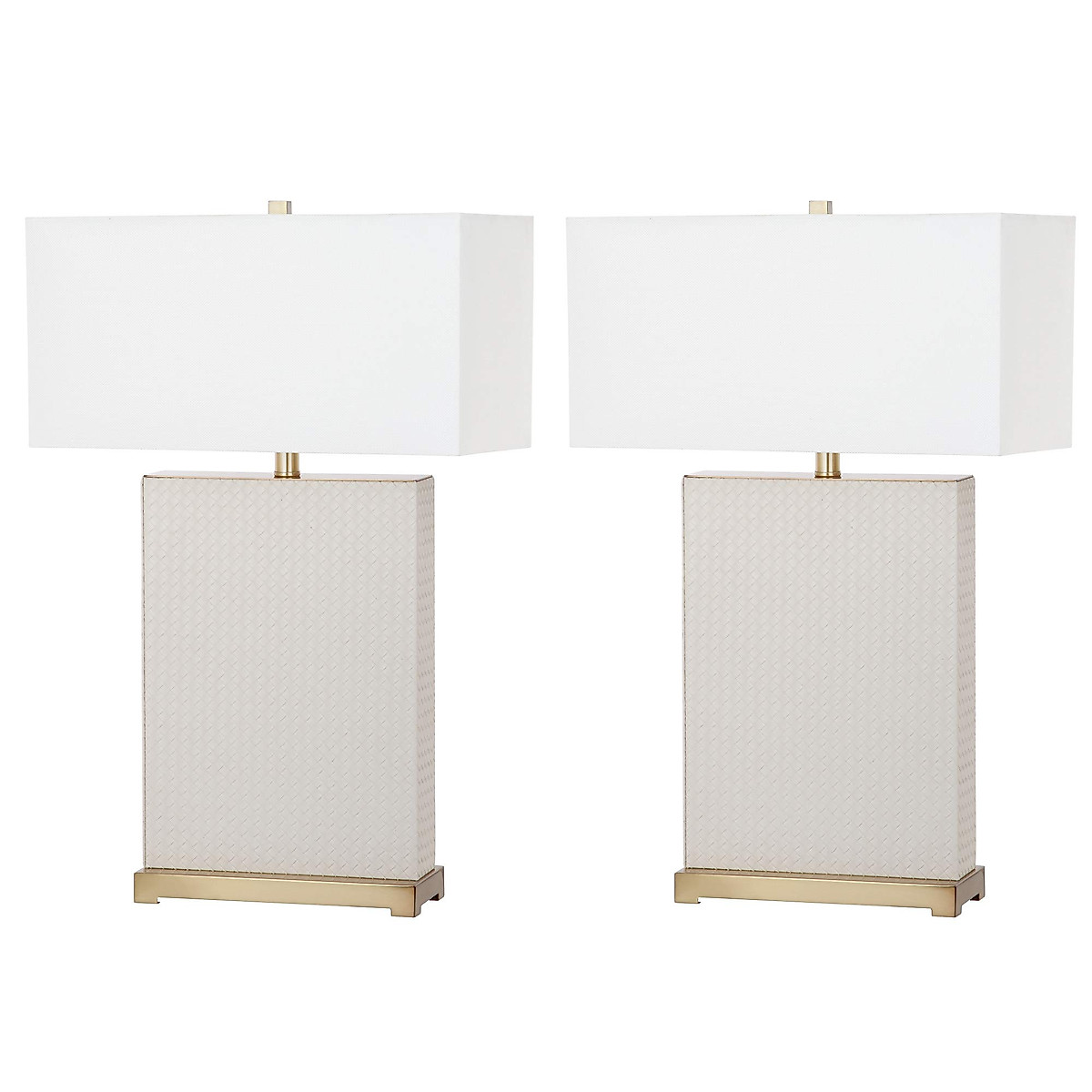 SAFAVIEH Lighting Collection Joyce Modern Art Deco Cream Faux Woven Leather Rectangle Shade 28-inch Bedroom Living Room Home Office Desk Nightstand Table Lamp Set of 2 (LED Bulbs Included)